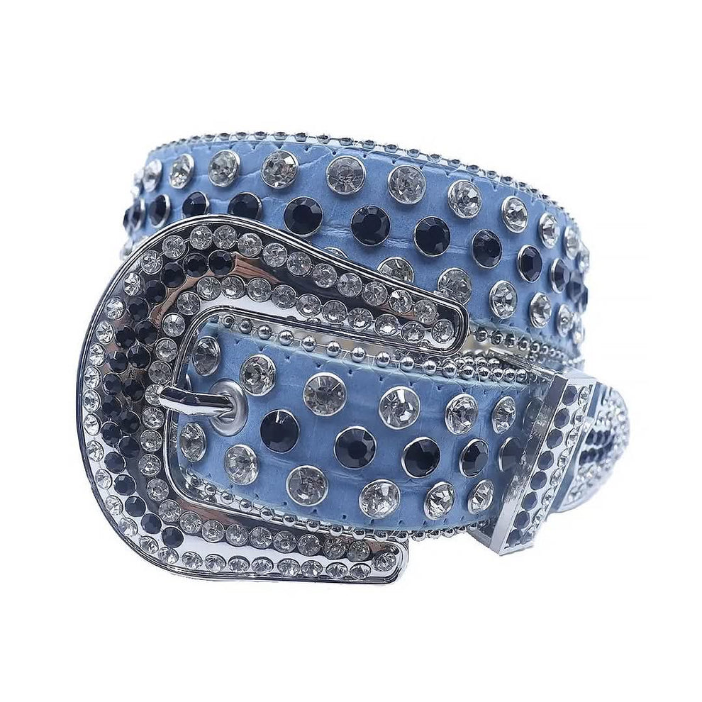 Diamond and Black Rhinestones with Blue Textured Strap Rhinestone Belt