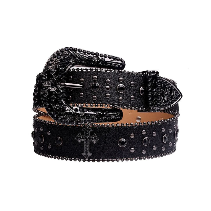 Black Cross Engraved Buckle Rhinestone Belt – Black Studs | The ...